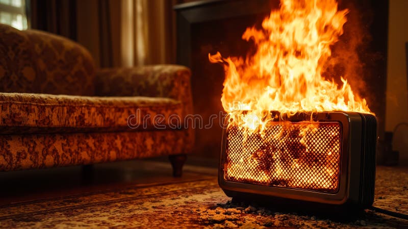 A Heater that is Sitting on the Floor in Front of a Fire Stock Image ...