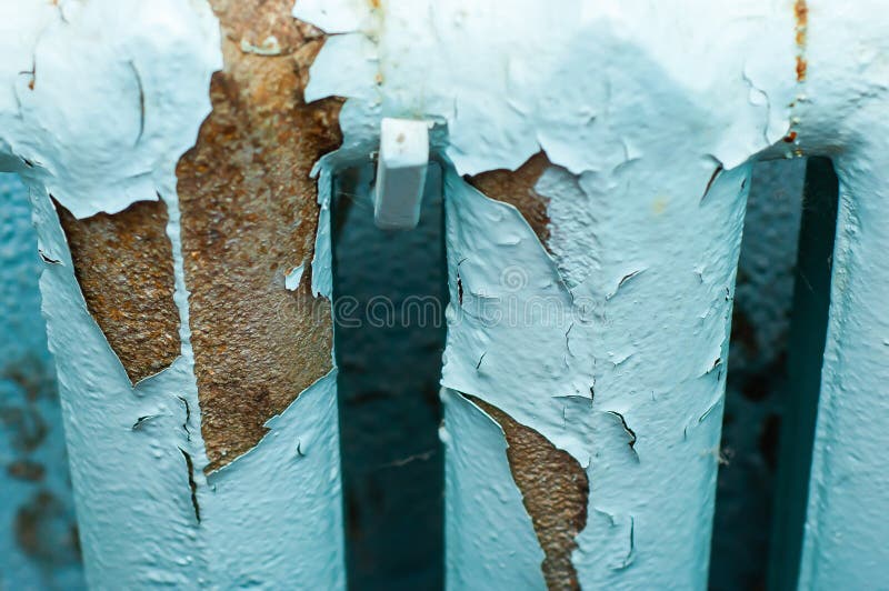 Heating Battery Fins with Peeling Blue Paint and Rust Stock Photo ...