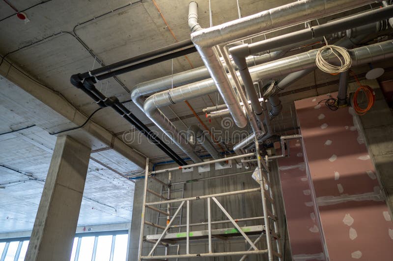 New Pipe Installation, Mounted Under the Ceiling Near Plasterboard Wall ...