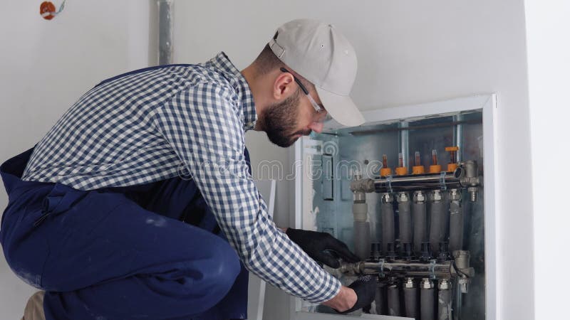 Heating Engineer Installing Modern Heating System in Boiler Room Stock ...