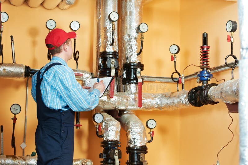 Heating Engineer Repairman in Boiler Room Stock Photo - Image of pump ...