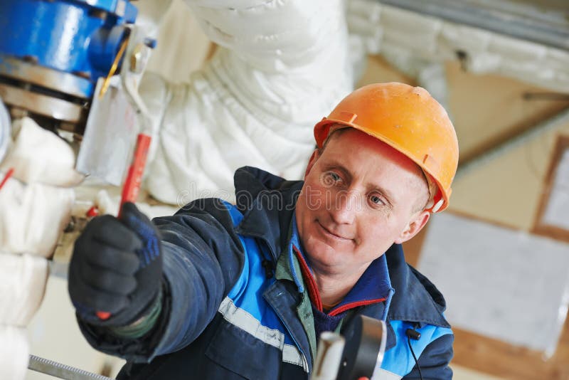 Heating Engineer Repairman in Boiler Room Stock Image - Image of water ...