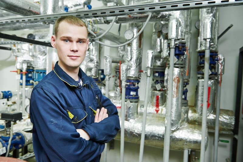 Heating Engineer Repairman in Boiler Room Stock Photo - Image of ...