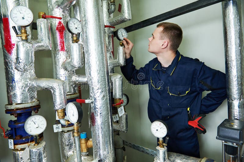 Heating Engineer Repairman in Boiler Room Stock Image - Image of ...