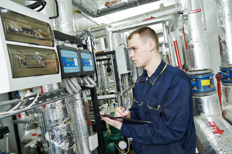Heating Engineer Repairman in Boiler Room Stock Photo - Image of tuning ...