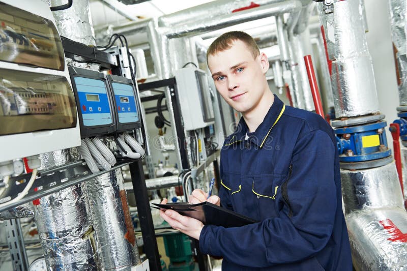 Heating Engineer Repairman in Boiler Room Stock Image - Image of pipe ...