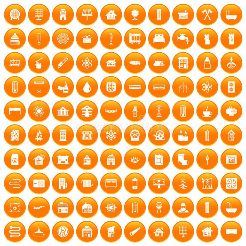 100 Heating Icons Set Orange Stock Vector - Illustration of package ...