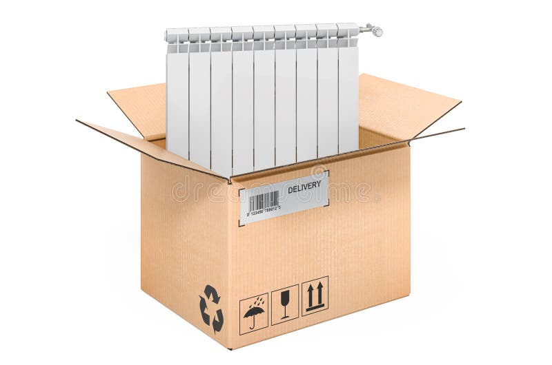 Heating Radiator Inside Cardboard Box, Delivery Concept. 3D Rendering ...