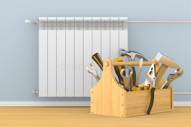 Heating Radiator and Toolbox with Tools on Wall. 3D Illustration Stock ...