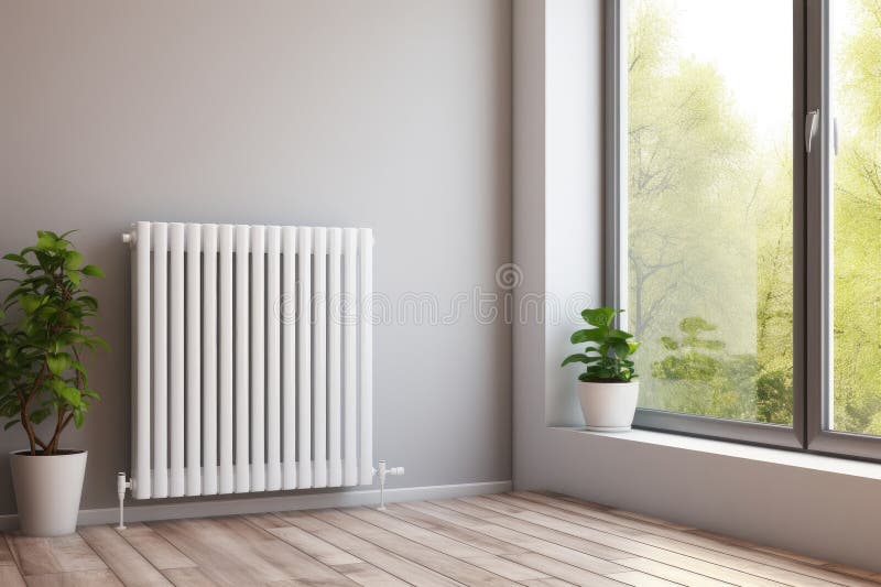 Heating Radiator Under the Window with Plants Stock Image - Image of ...
