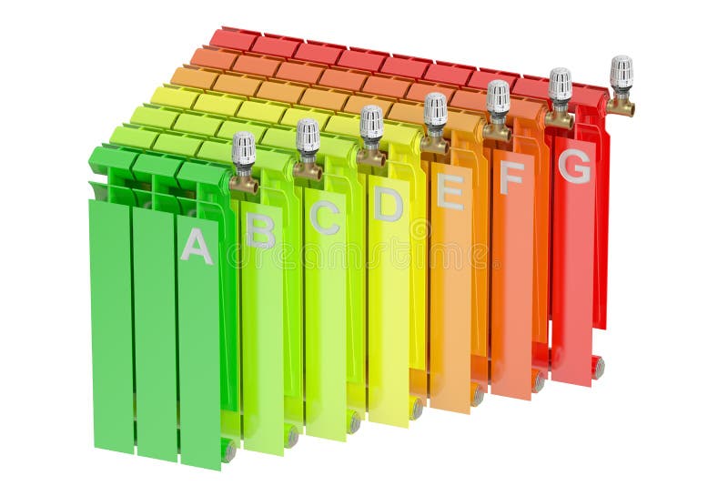 Heating Radiators with Energy Efficiency Chart, 3D Rendering Stock ...