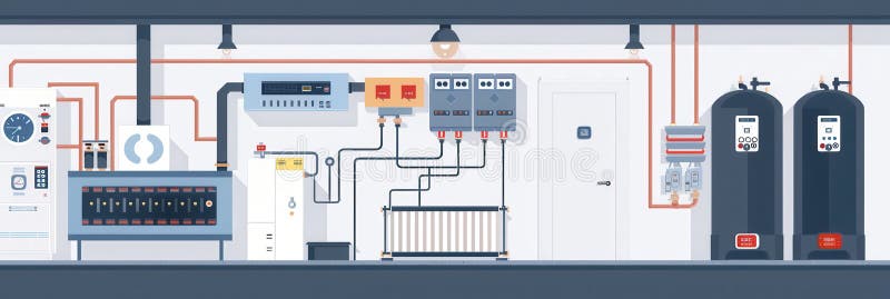 Heating System Components in a Basement Room Featuring Gas Boiler and ...