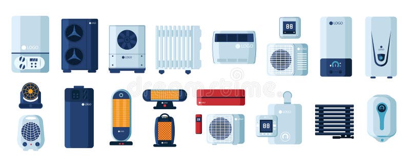 Heating System Icons Set. Gas Boilers and Electric Radiators Devices ...