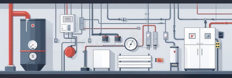 Heating System Setup in a Basement Room with Modern Equipment and Gas ...