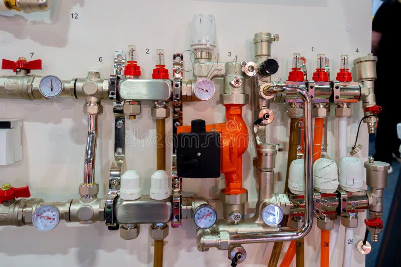 Heating System on the Stand. Manifold with Flow Meter Stock Image ...
