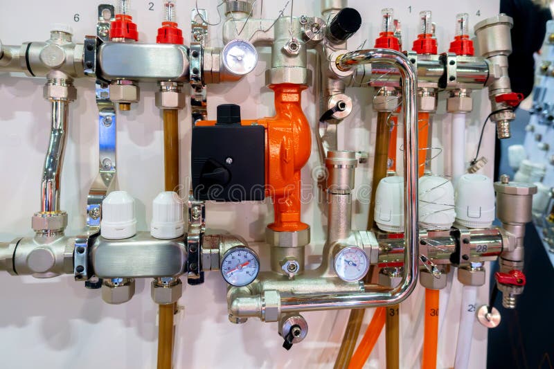 Heating System on the Stand. Manifold with Flow Meter Stock Photo ...