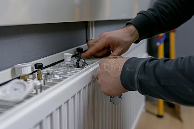 A Heating System Technician Installs a New Radiator in a Home ...