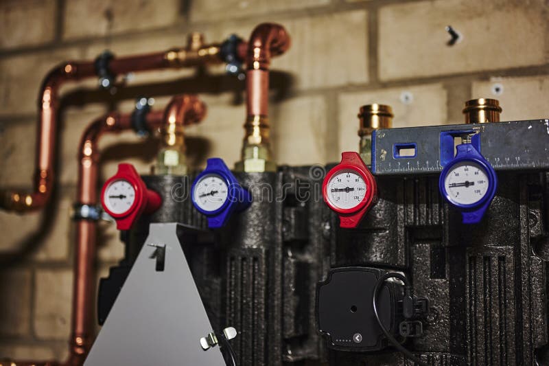 Heating System Under Construction with a View To the Thermometers Stock ...