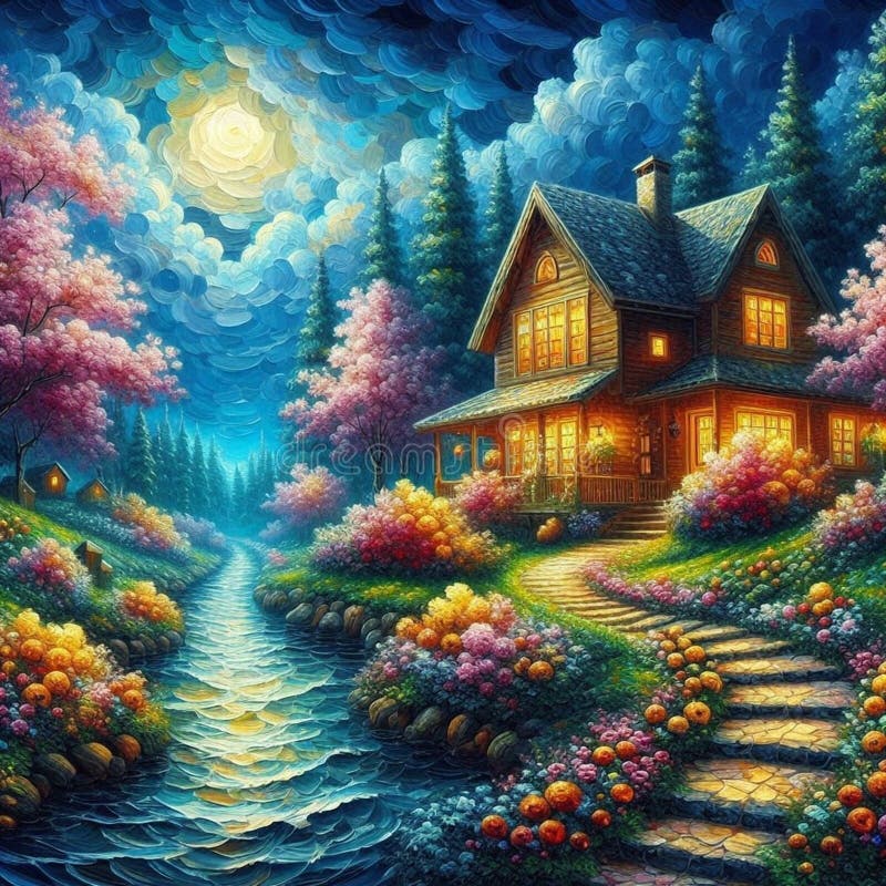 A Heaven Colorful Wallpaper of a House by the Water. Stock Illustration ...