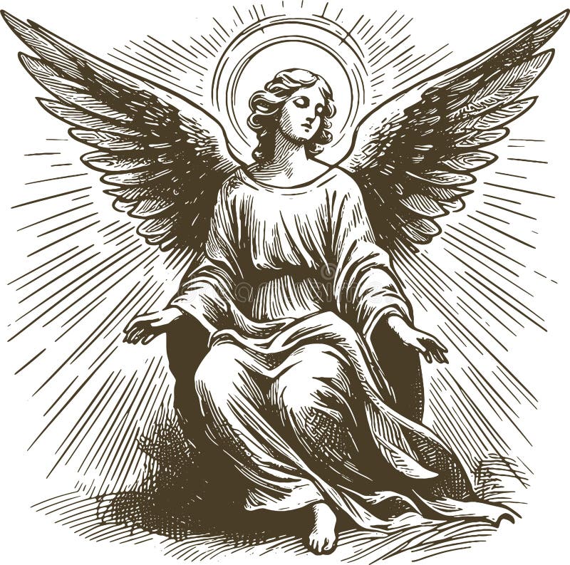 Drawing of a Heavenly Angel in Rays of Light Sitting on a Stone in a ...
