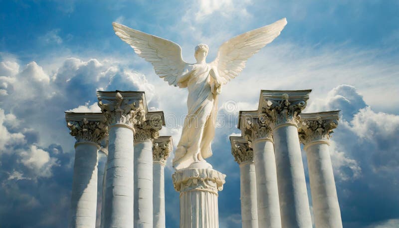 A Heavenly Angel in Front of Columns Rising from Clouds into the Sky ...