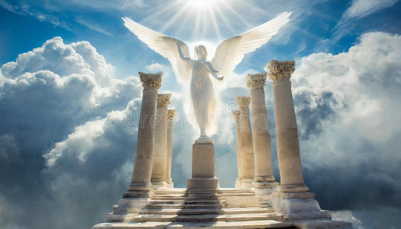 A Heavenly Angel in Front of Columns Rising from Clouds into the Sky ...