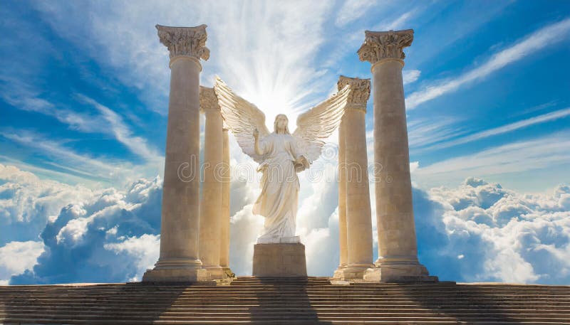 A Heavenly Angel in Front of Columns Rising from Clouds into the Sky ...