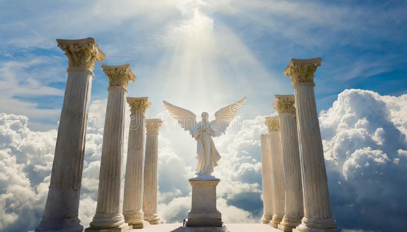A Heavenly Angel in Front of Columns Rising from Clouds into the Sky ...