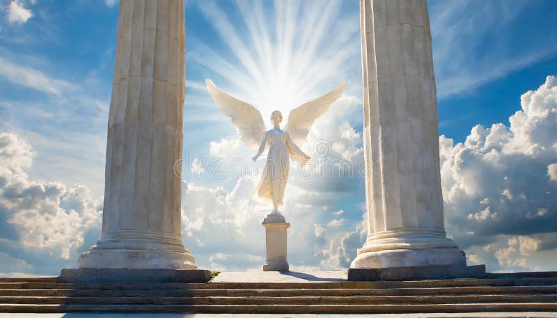 A Heavenly Angel in Front of Columns Rising from Clouds into the Sky ...