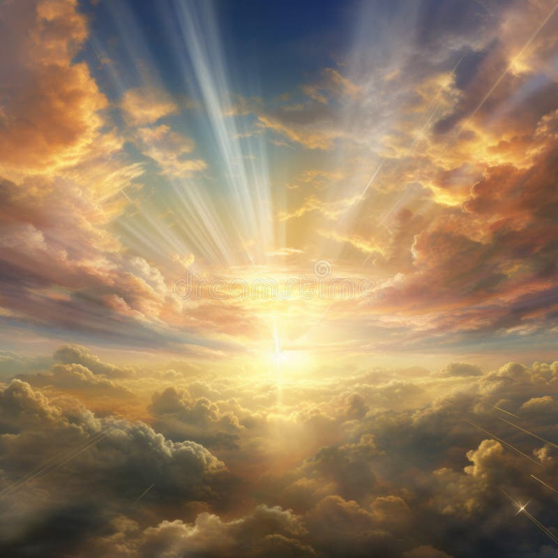 Heavenly Sky with Clouds and Sun Rays Stock Illustration - Illustration ...