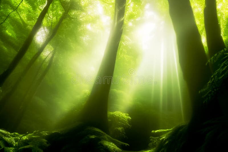Heavenly Sunlight Glow in a Dense Forest Stock Image - Image of ...