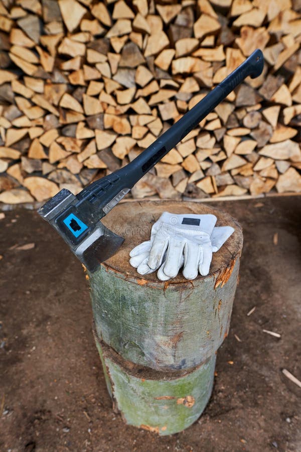 Heavy Ax on the Stump and Protection Gloves Stock Photo - Image of ...