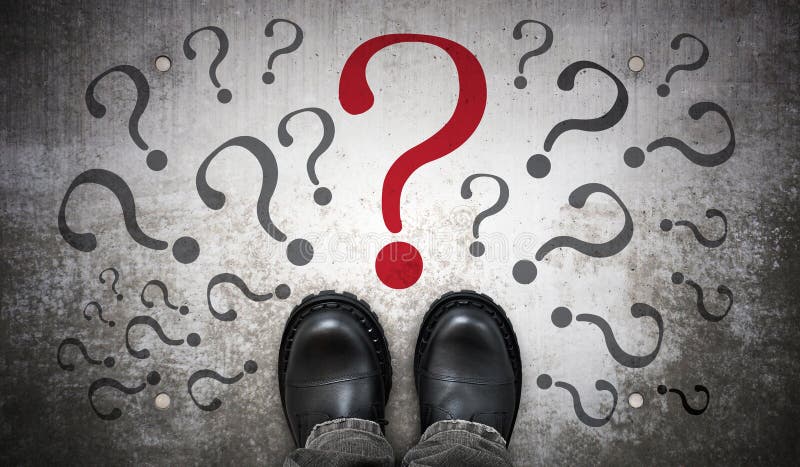 Heavy Black Leather Boots and Many Grey and Red Question Marks Stock ...