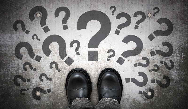 Heavy Black Leather Boots and Many Question Marks Stock Photo - Image ...