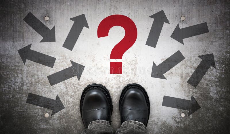 Heavy Black Leather Boots, Question Mark and Many Arrows Stock Image ...
