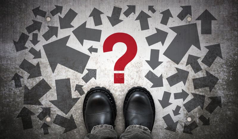 Heavy Black Leather Boots, Question Mark and Many Arrows Stock Photo ...