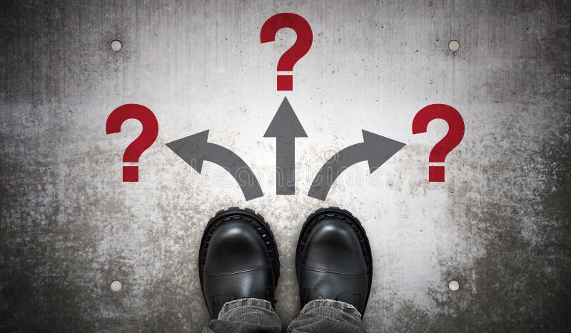 Heavy Black Leather Boots, Three Arrows and Question Marks Stock Photo ...