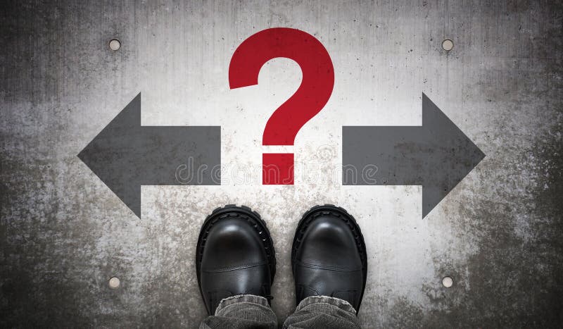 Heavy Black Leather Boots, Two Arrows and Question Mark Stock Photo ...