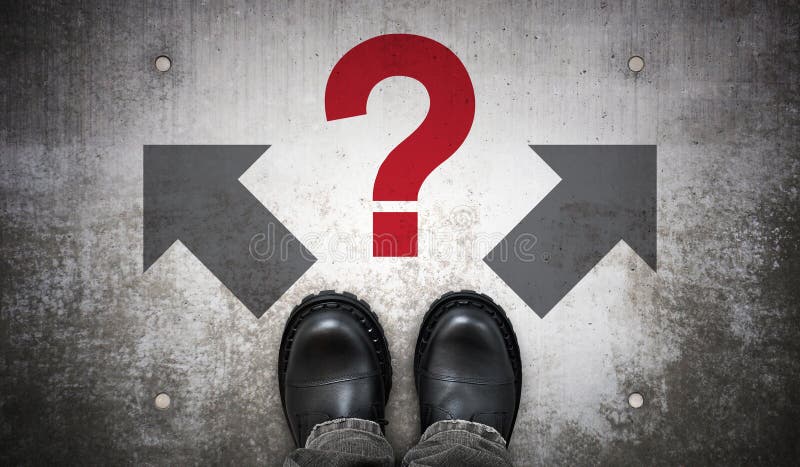 Heavy Black Leather Boots, Two Arrows and Question Mark Stock Photo ...