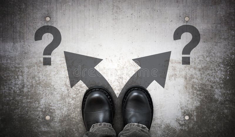 Heavy Black Leather Boots, Two Arrows and Question Marks Stock Photo ...