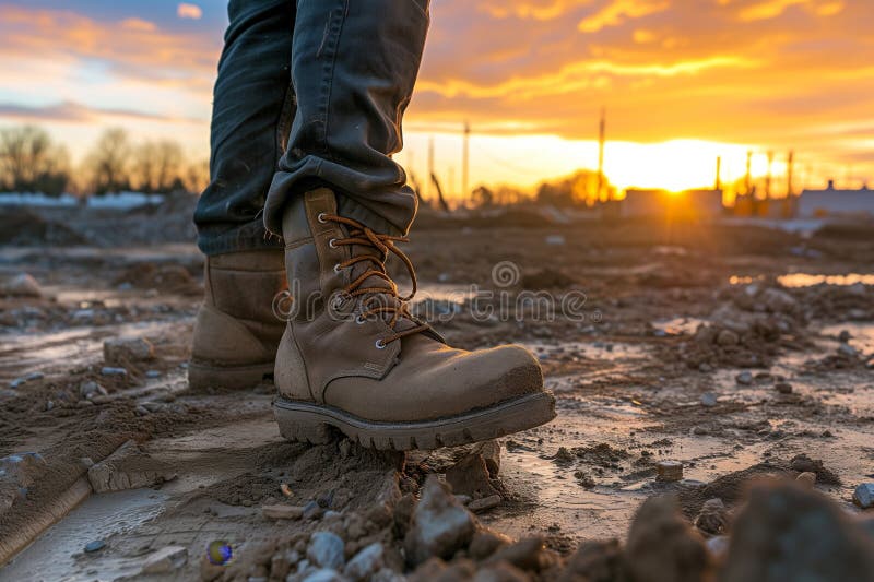 Heavy Boots Trudging through Unfinished Site in Sunset Light Stock ...