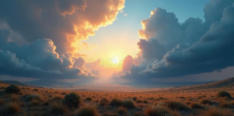 Heavy, Churning Cloudscape Over Expansive, Sun Drenched Terrain , Sun ...