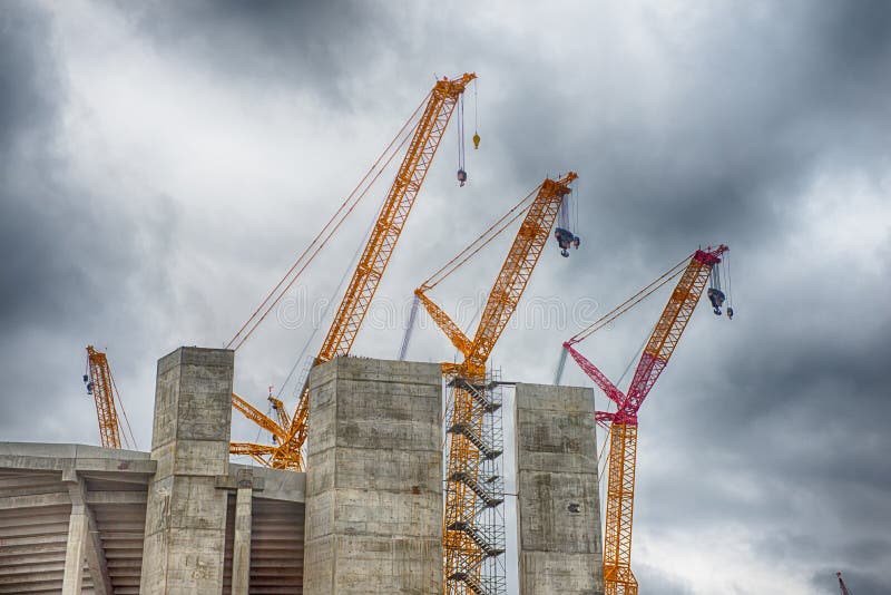 Heavy Construction Cranes Erecting Concrete Building Stock Photo ...