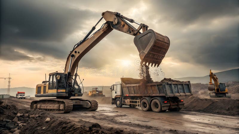 Excavator Loading Excavation on Truck Stock Illustration - Illustration ...