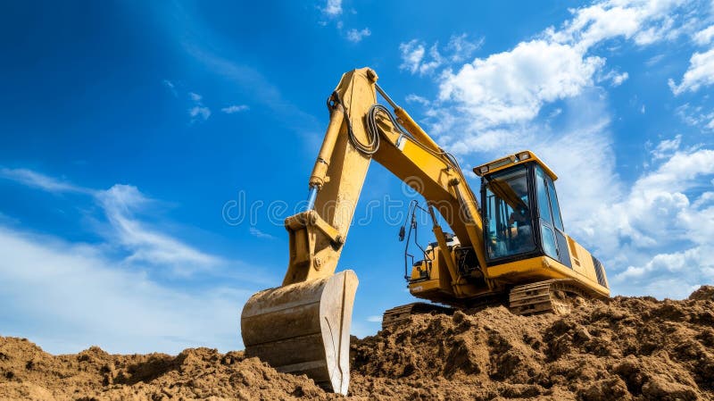 Powerful Excavator Digging on a Construction Site Under a Blue Sky ...