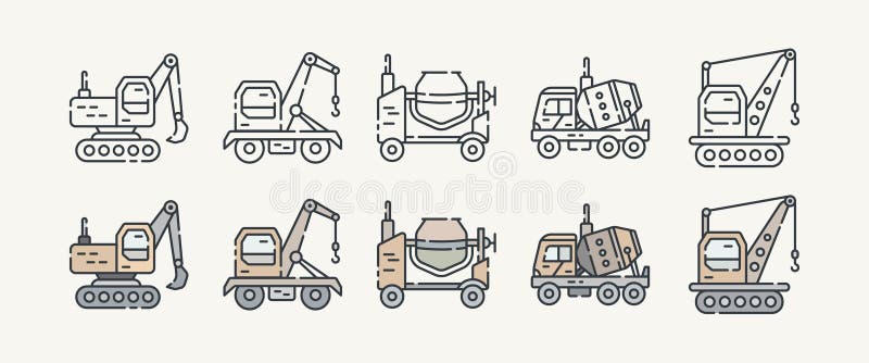 Heavy Construction and Industrial Machinery Icon Set with Outline and ...