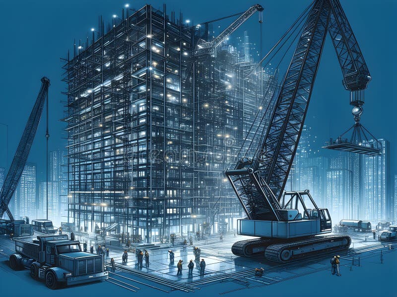 Heavy Construction Vehicles Building a Modern Skyscraper. Dynamic Urban ...