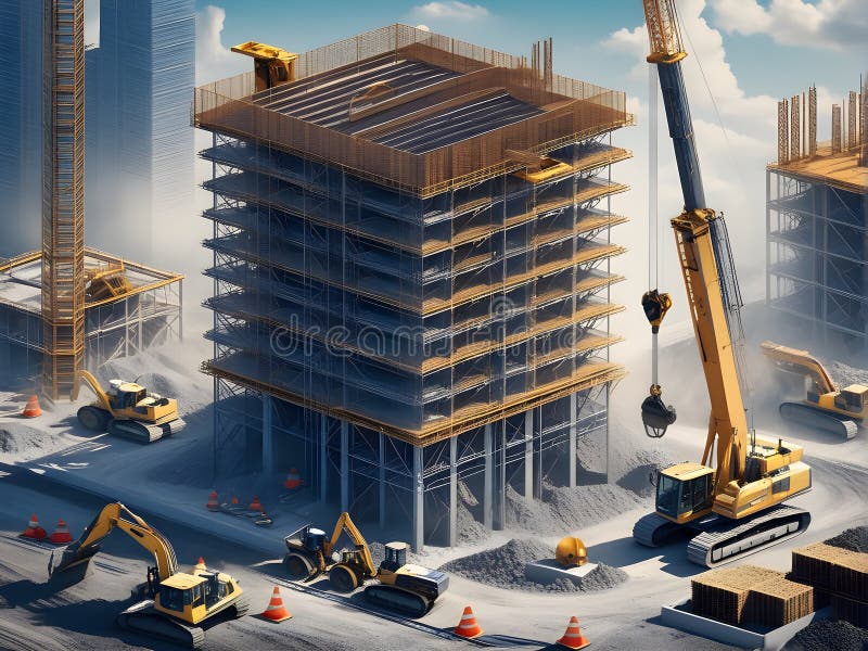 Heavy Construction Vehicles Building a Modern Skyscraper. Dynamic Urban ...