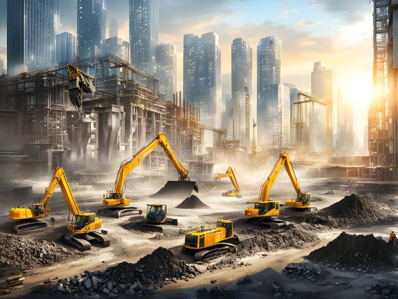 Heavy Construction Vehicles Building a Modern Skyscraper. Dynamic Urban ...