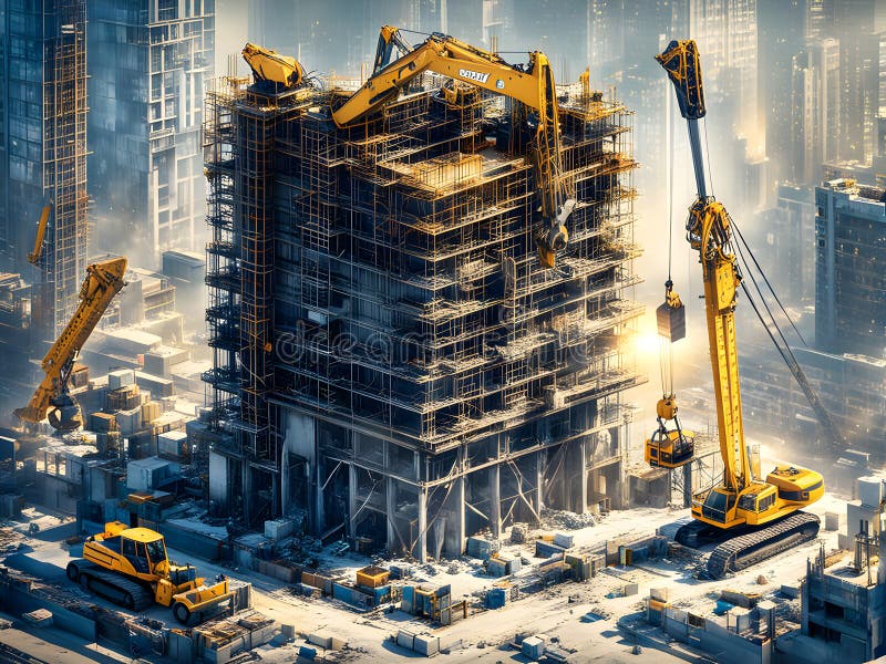 Heavy Construction Vehicles Building a Modern Skyscraper. Dynamic Urban ...